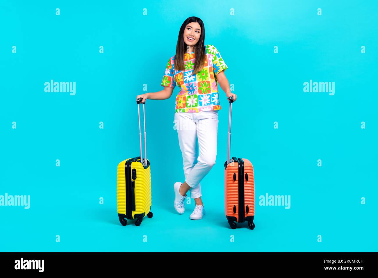 Full body size photo of dreamy pretty woman look empty space hold ...