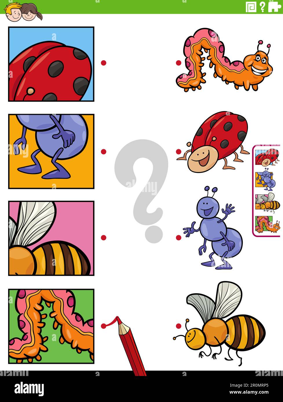 Cartoon illustration of educational matching game with insects animal ...