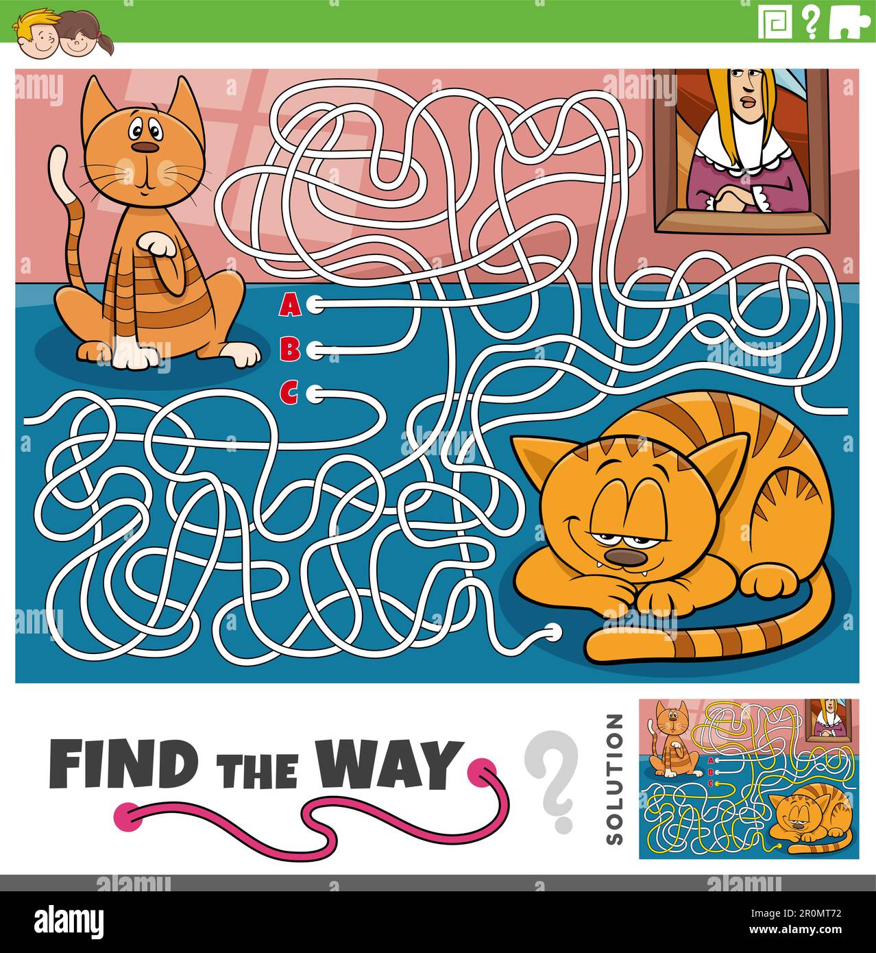 Cartoon illustration of find the way maze puzzle game with cats or ...
