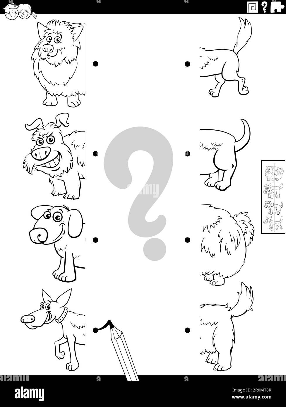 Black and white cartoon illustration of educational task of matching ...