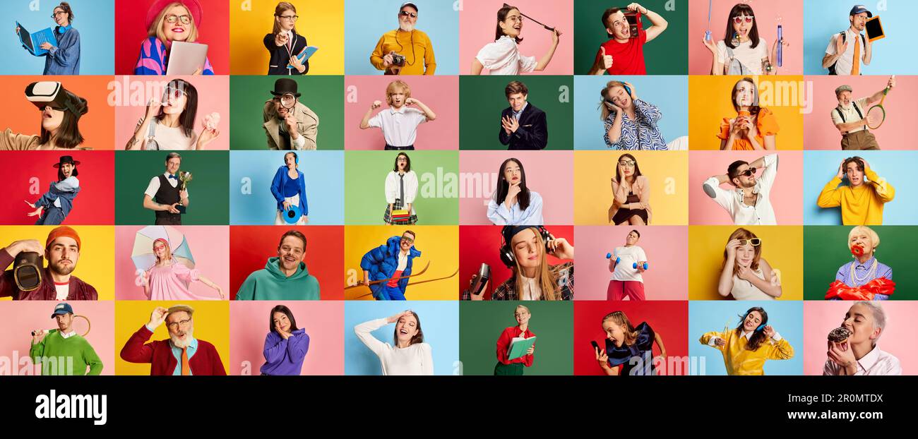 Collage made of portraits of different young people, men and women ...