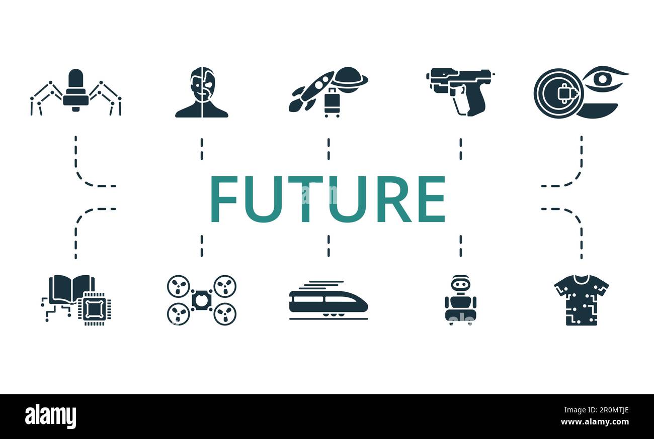 Future set. Creative icons: nanobot, cyborg, space tourism, hi-tech ...