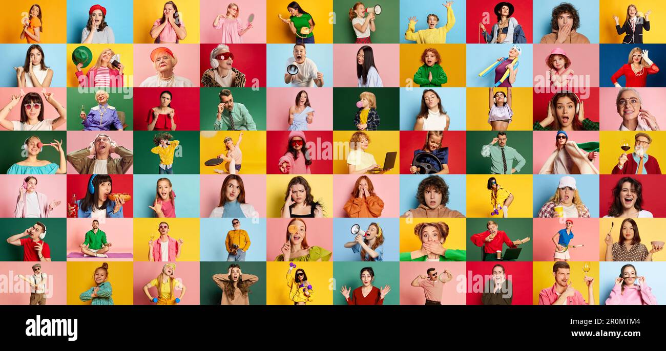 Collage made of portraits of diverse people, men and women showing ...
