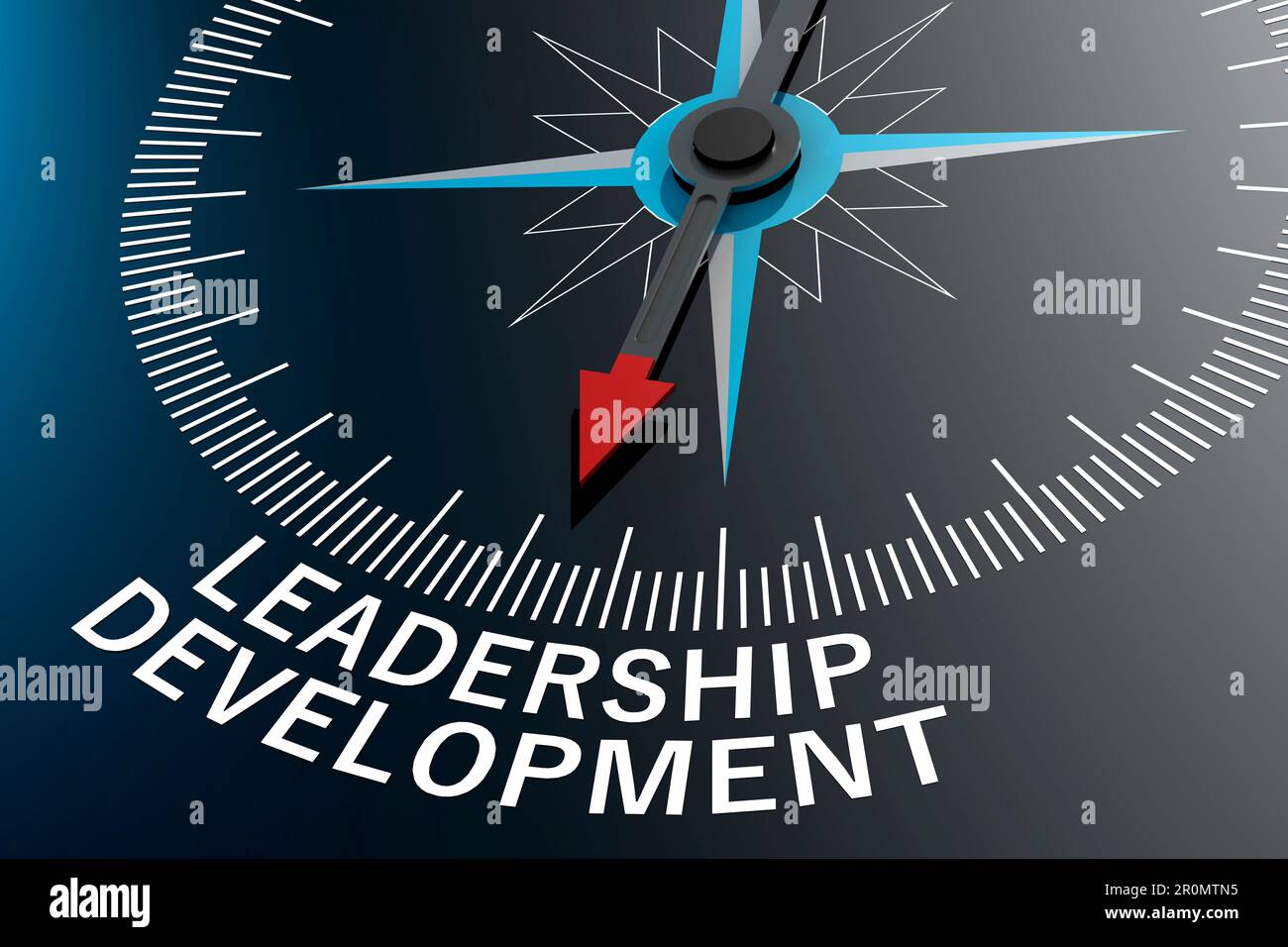 Compass needle pointing to leadership development word, 3D rendering ...