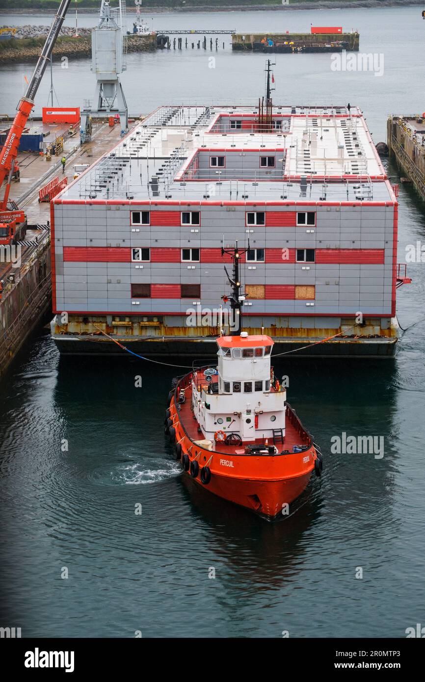 The Bibby Stockholm accommodation barge arrives into Falmouth docks ...