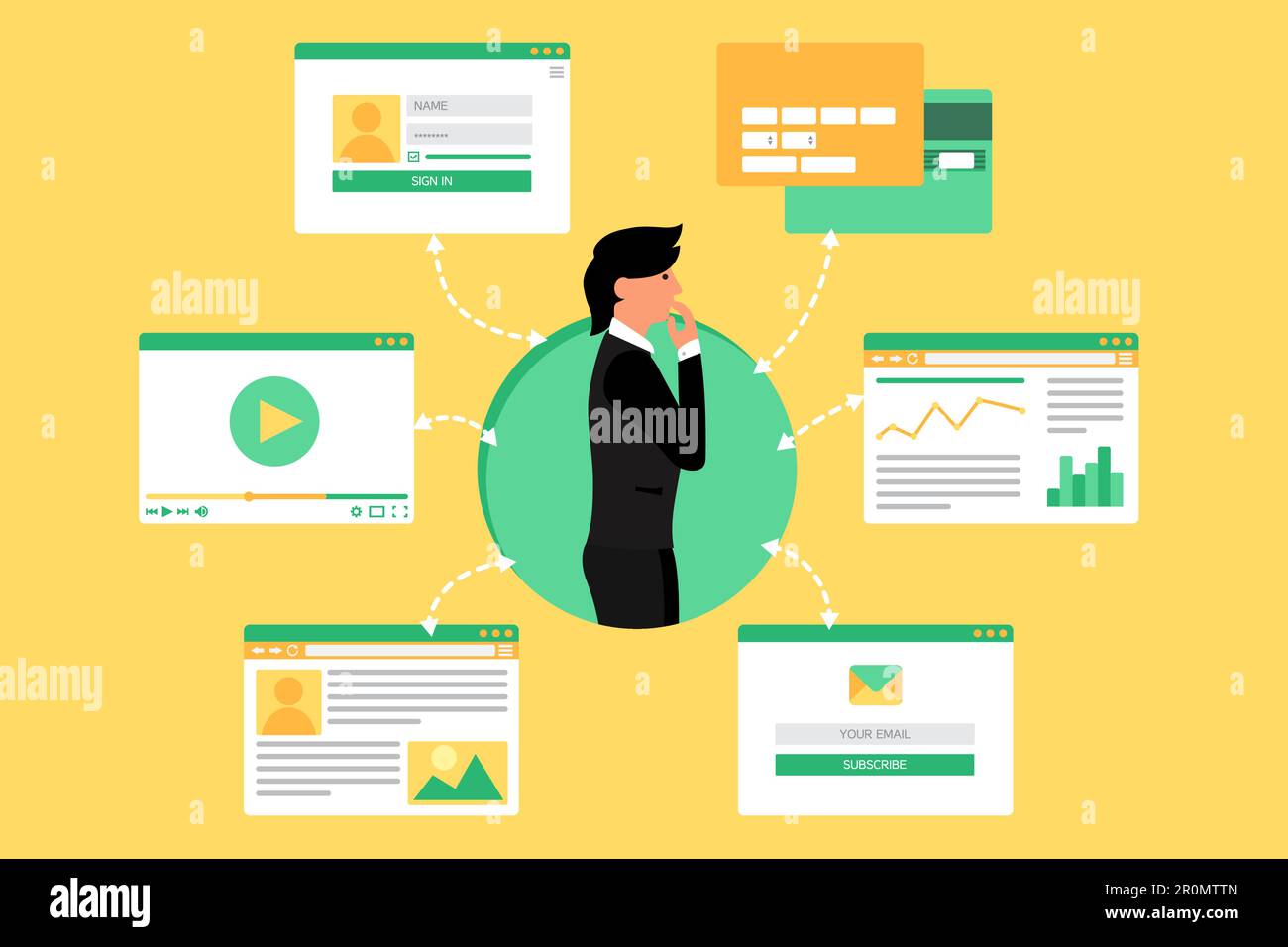 Web Life Of Businessman From Video Blog Social Networks Online Shopping And Email Graphic