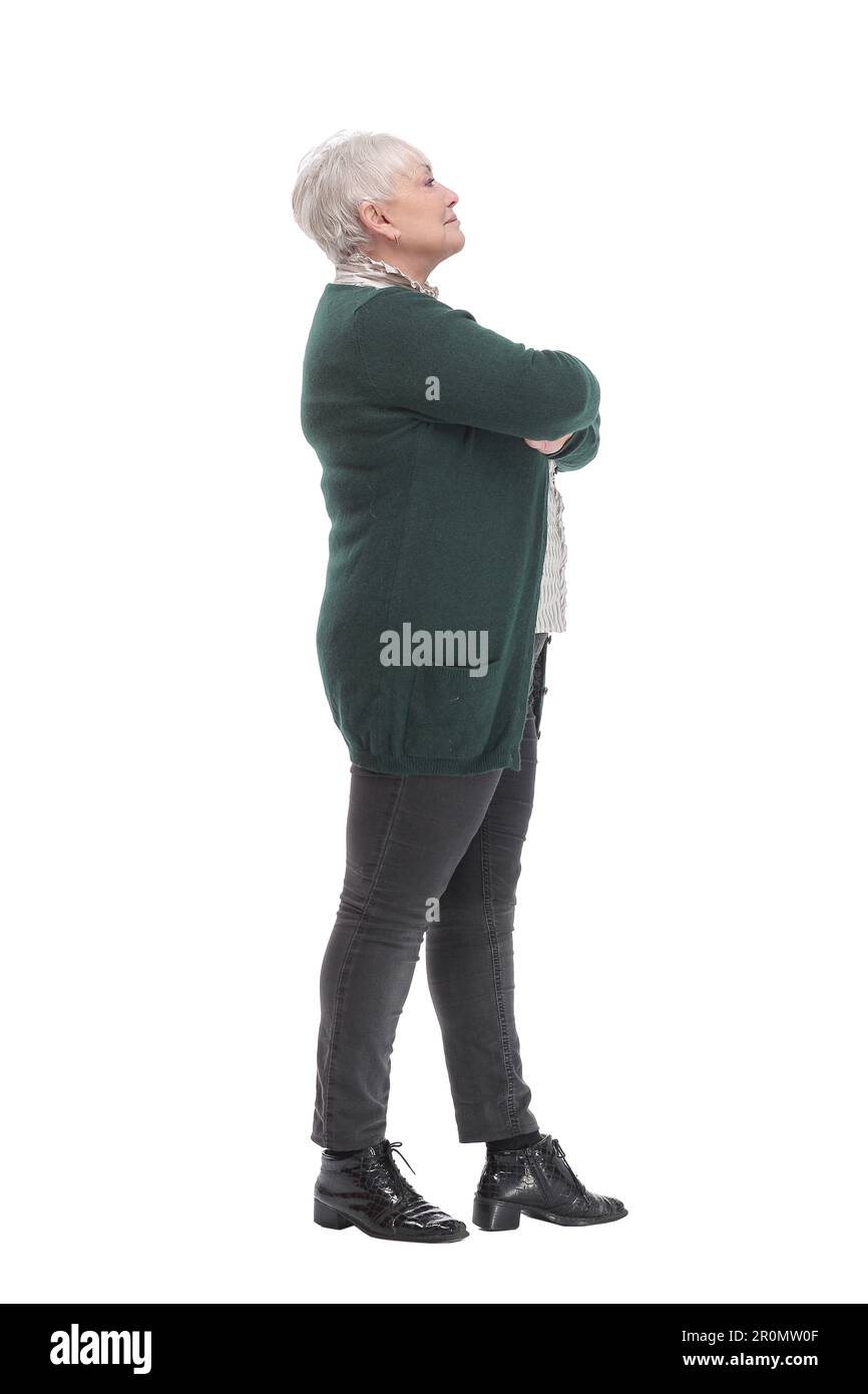 Side view of beautiful smiling caucasian business woman portrait arms ...