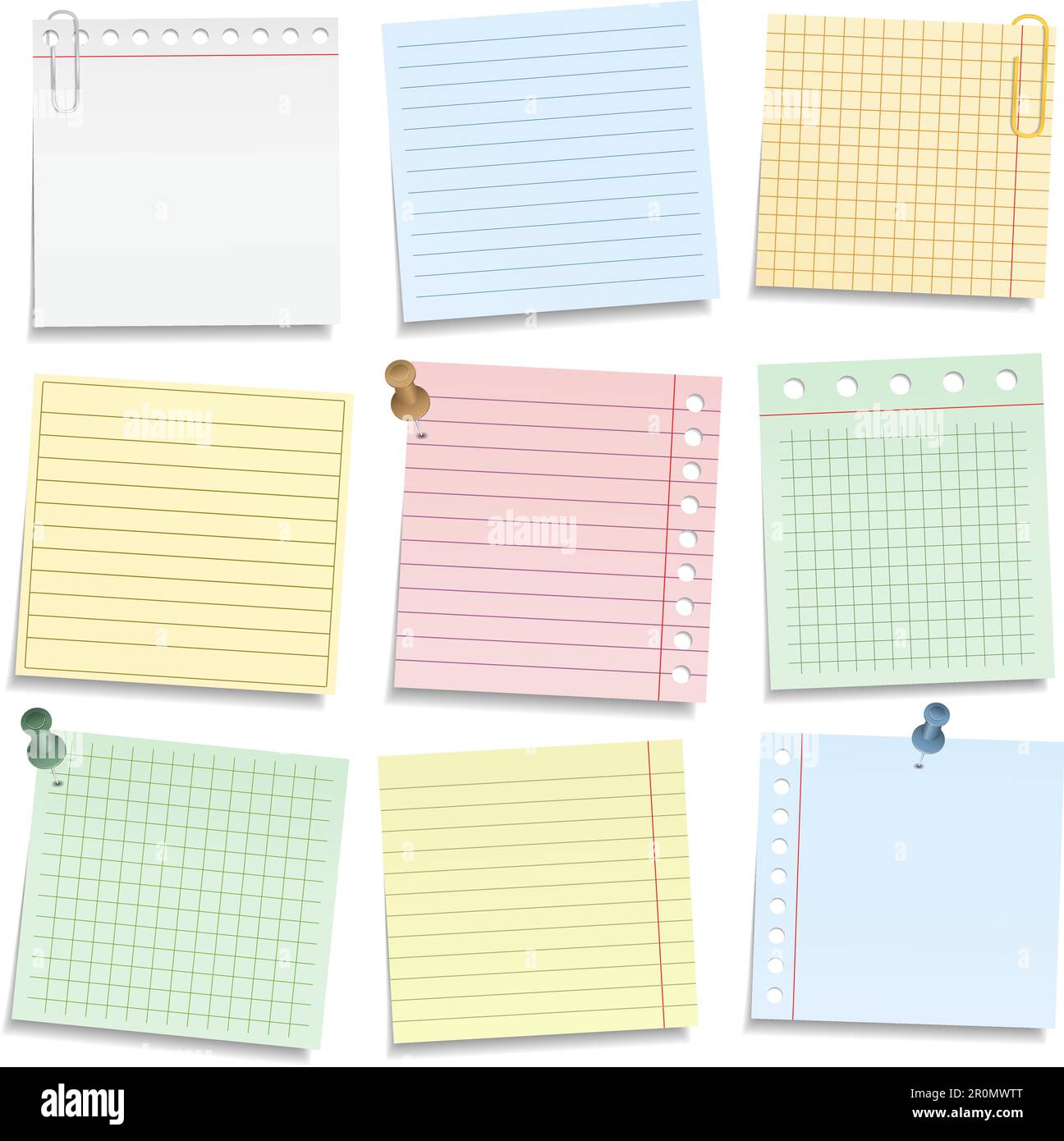 Colored notebook paper with push pins and clips, vector eps10 ...