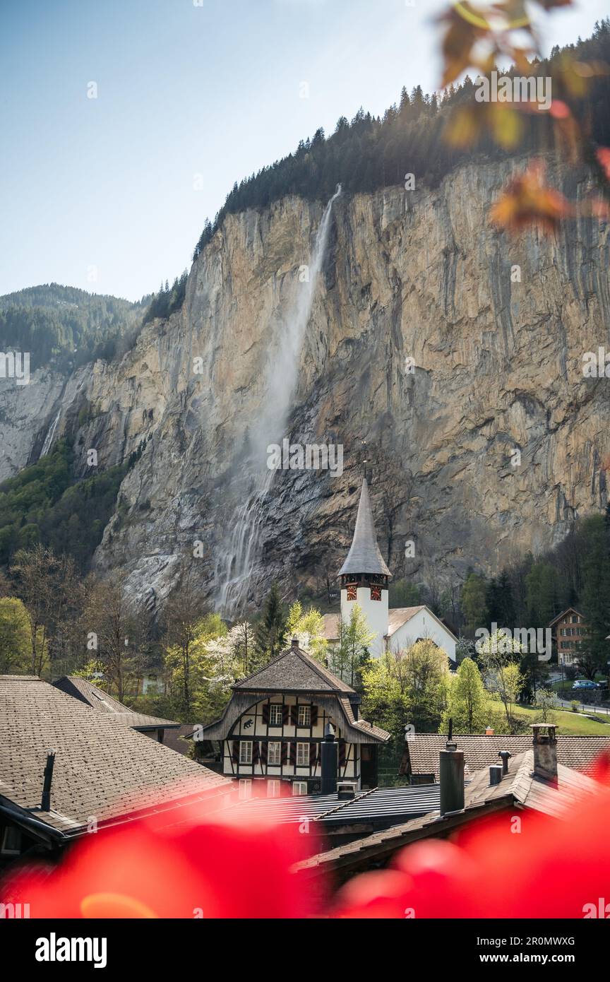 view of Staubbachfall in Lauterbrunnen on a beautiful sunny spring day ...