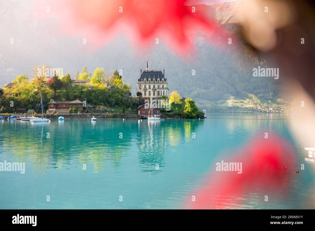 view of Schloss Seeburg, Iseltwald in turquoise Lake Brienz Stock Photo ...