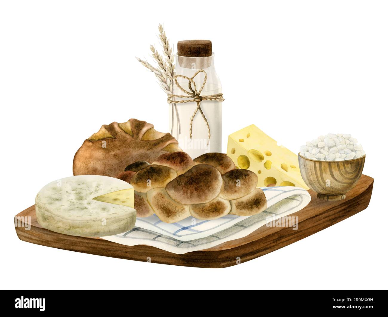 Watercolor dairy farm picnic with milk bottle, ears of wheat, fresh ...