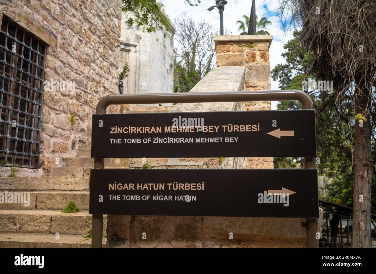 Signs pointing to the tombs of Nigar Hatun and Zincirkiran Mehmet Bey ...