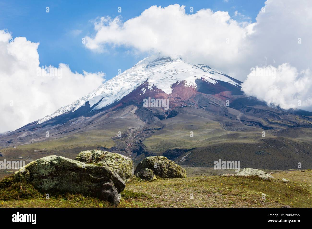 View of the 5900 meter high volcano Cotopaxi in Cotopaxi National Park ...