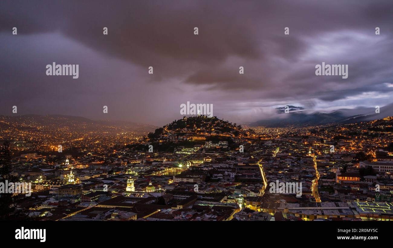 Quito, the capital of Ecuador at night. View of the lights of the city ...