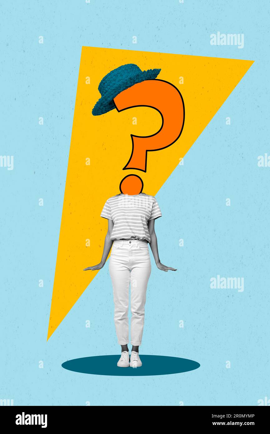 Creative retro 3d magazine collage image of puzzled lady question mark ...