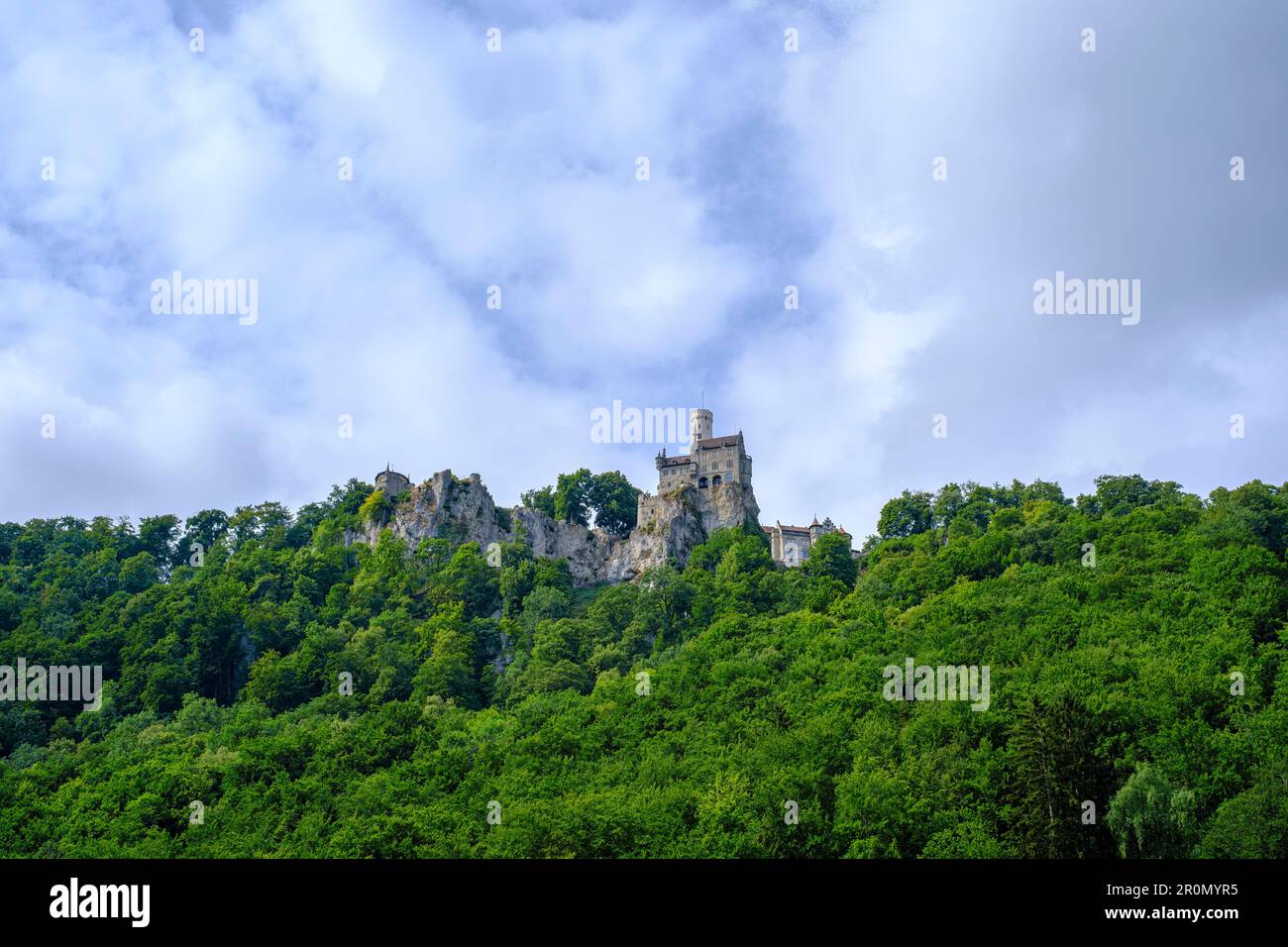 Remote view of Lichtenstein Castle, a Historicist edifice in neo-Gothic ...
