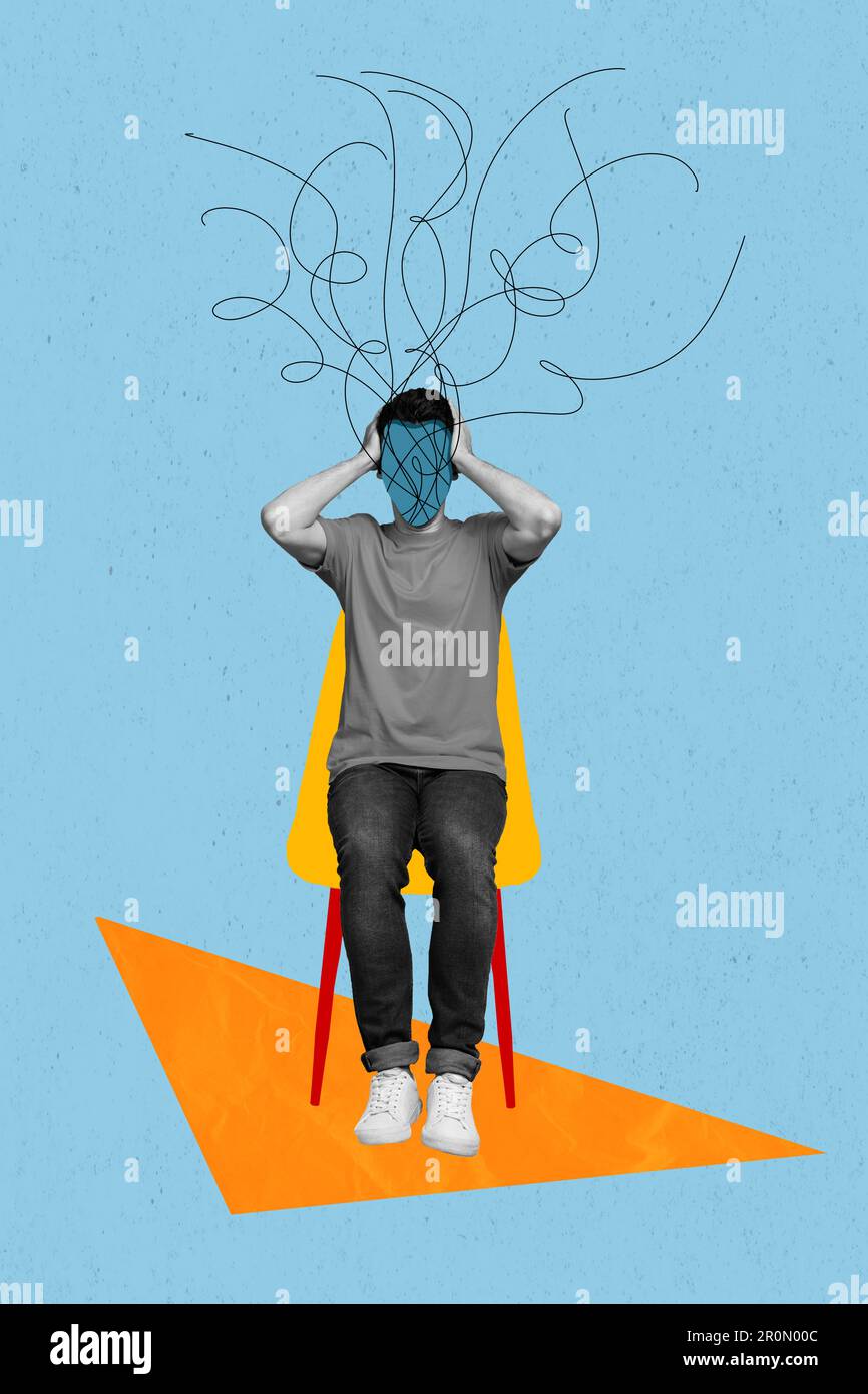 Vertical collage image of black white colors guy sit chair hands touch ...