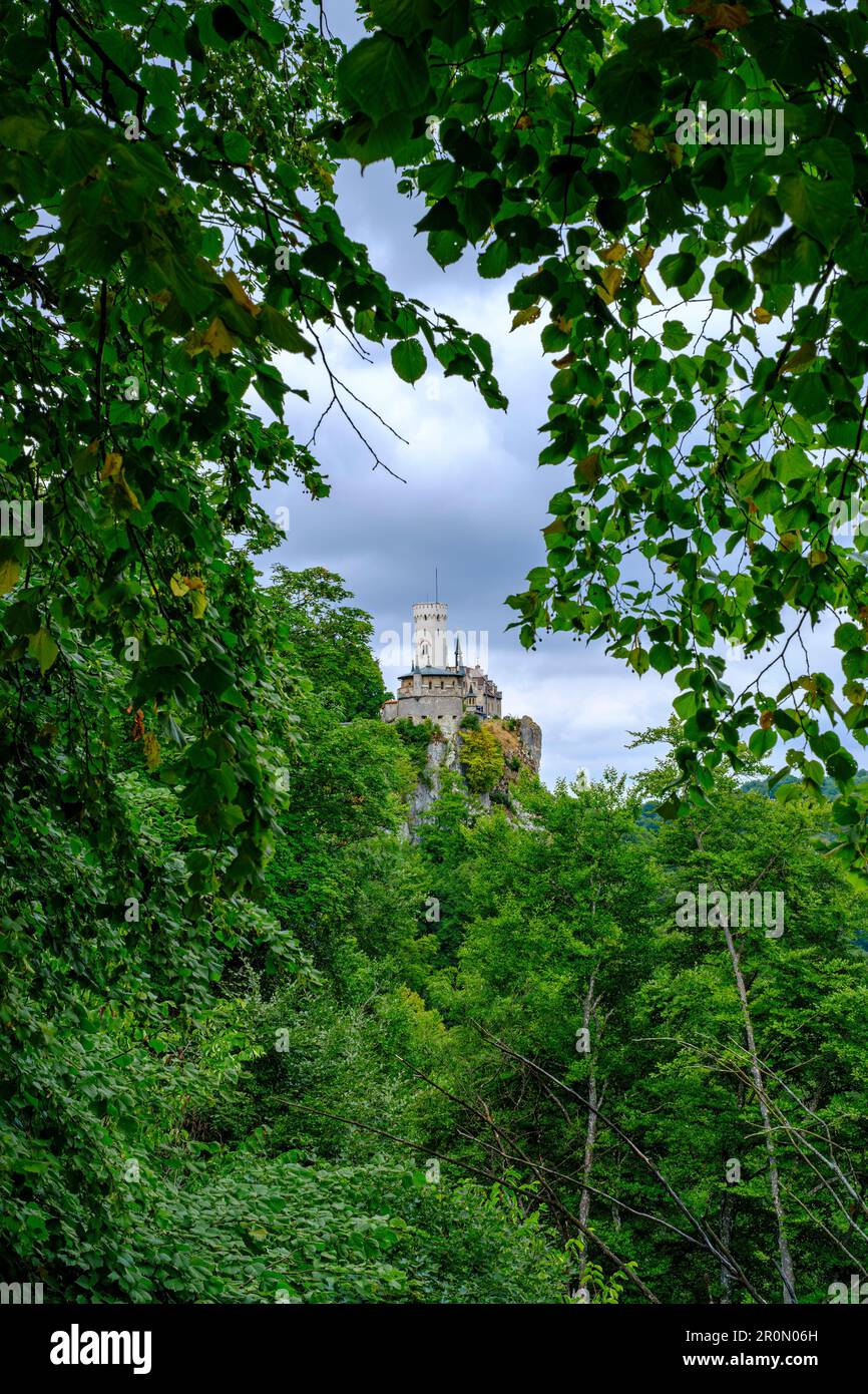 Remote view of Lichtenstein Castle, a Historicist edifice in neo-Gothic ...