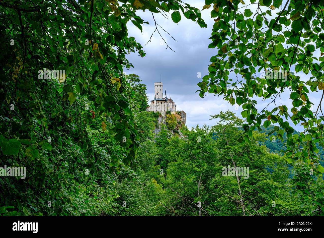 Remote view of Lichtenstein Castle, a Historicist edifice in neo-Gothic ...