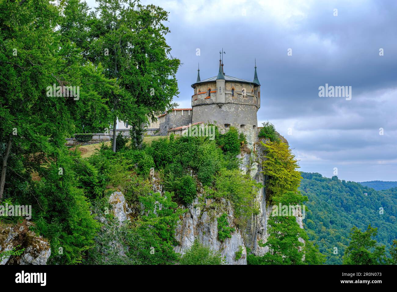 Remote view of Lichtenstein Castle, a Historicist edifice in neo-Gothic ...