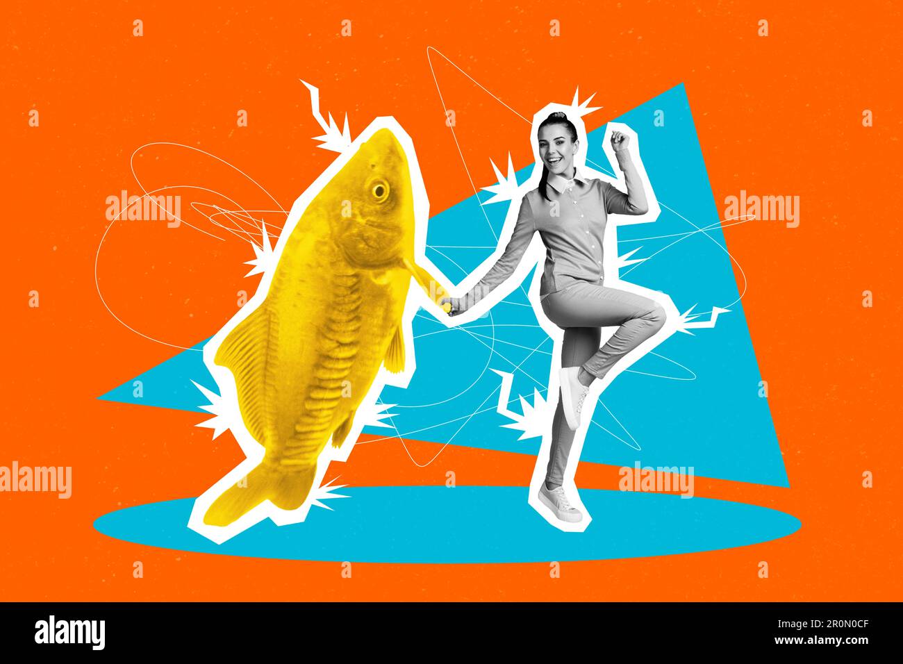 Creative collage picture of excited mini black white colors girl arm ...