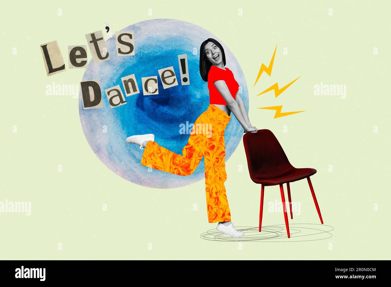 Photo collage slim lady dancing with chair furniture invite crowd ...