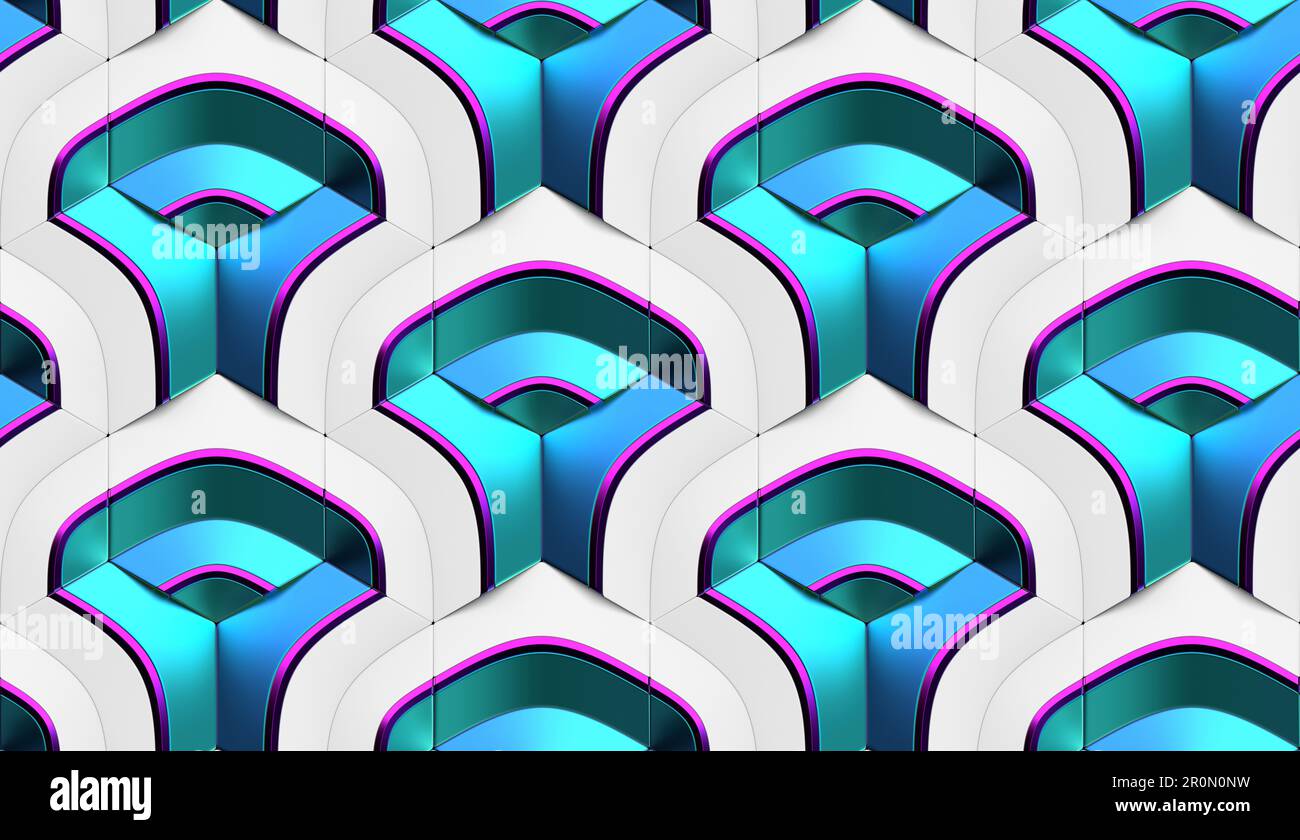 Abstract 3d illustration of symmetrical repeating blue and pink ...