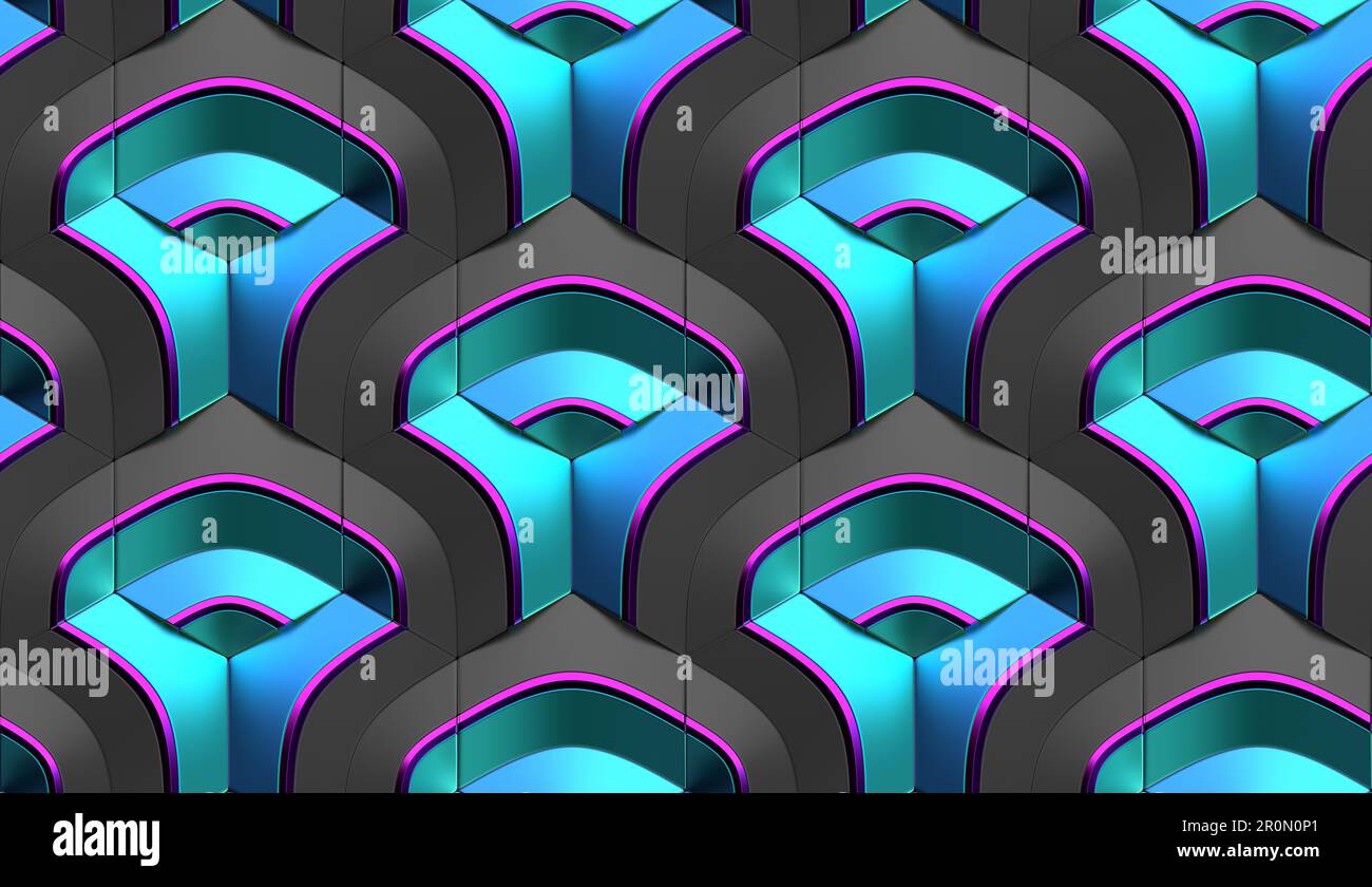 Abstract 3d illustration of symmetrical repeating blue and pink ...