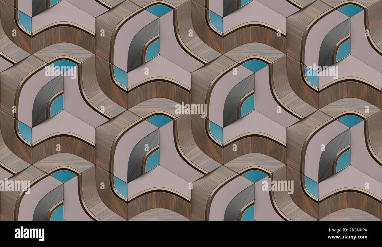 Abstract 3d illustration of symmetrical repeating blue and grey gradient patterns with geometric ...