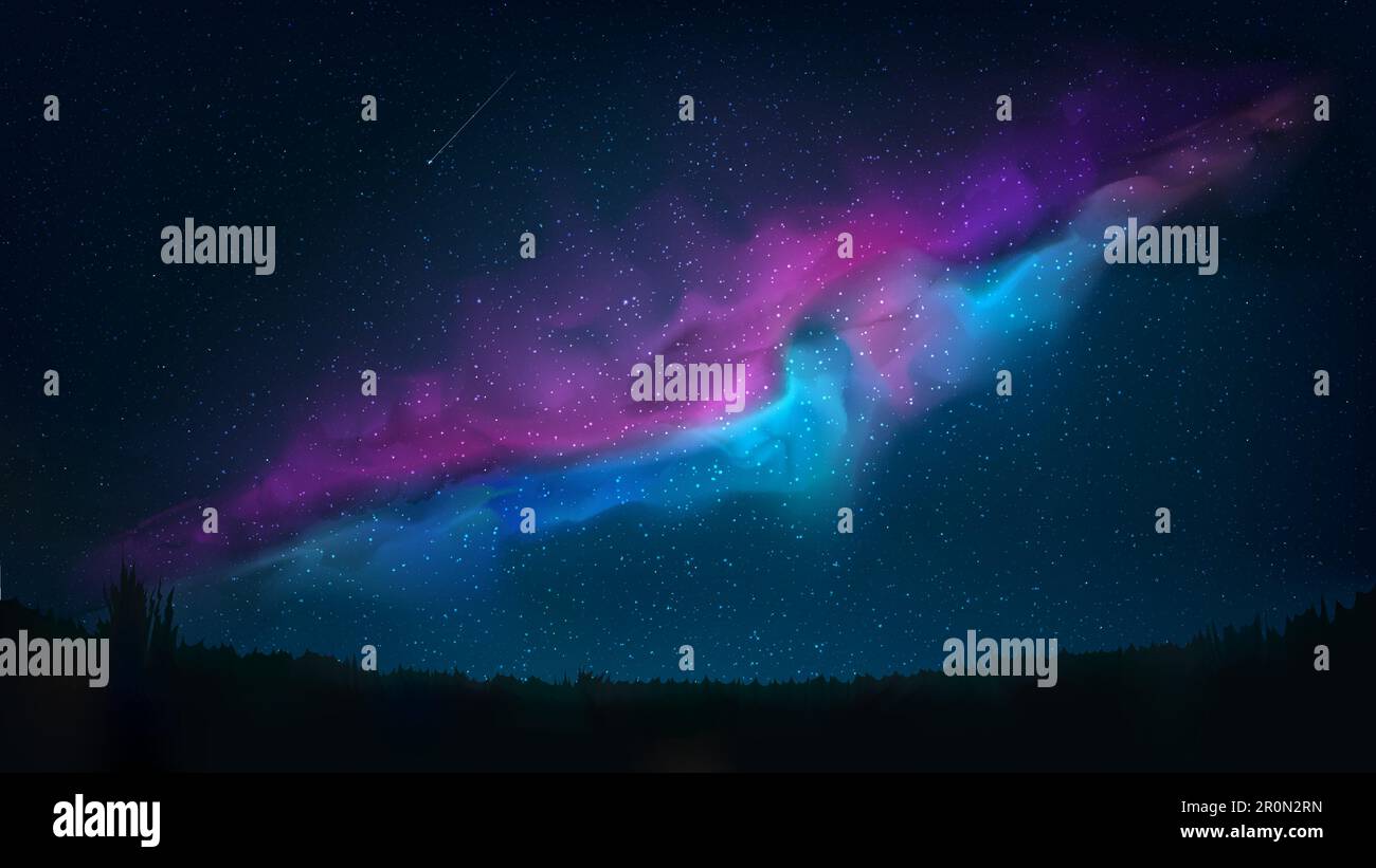 Night shining starry sky. Dark blue space background with stars, pink ...