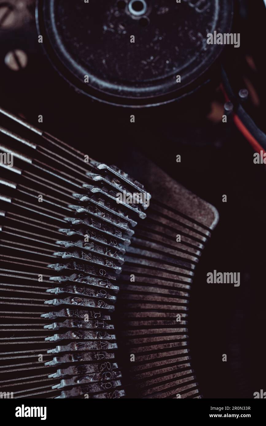 Closeup shot of types and mechanism of retro typewriter Stock Photo - Alamy