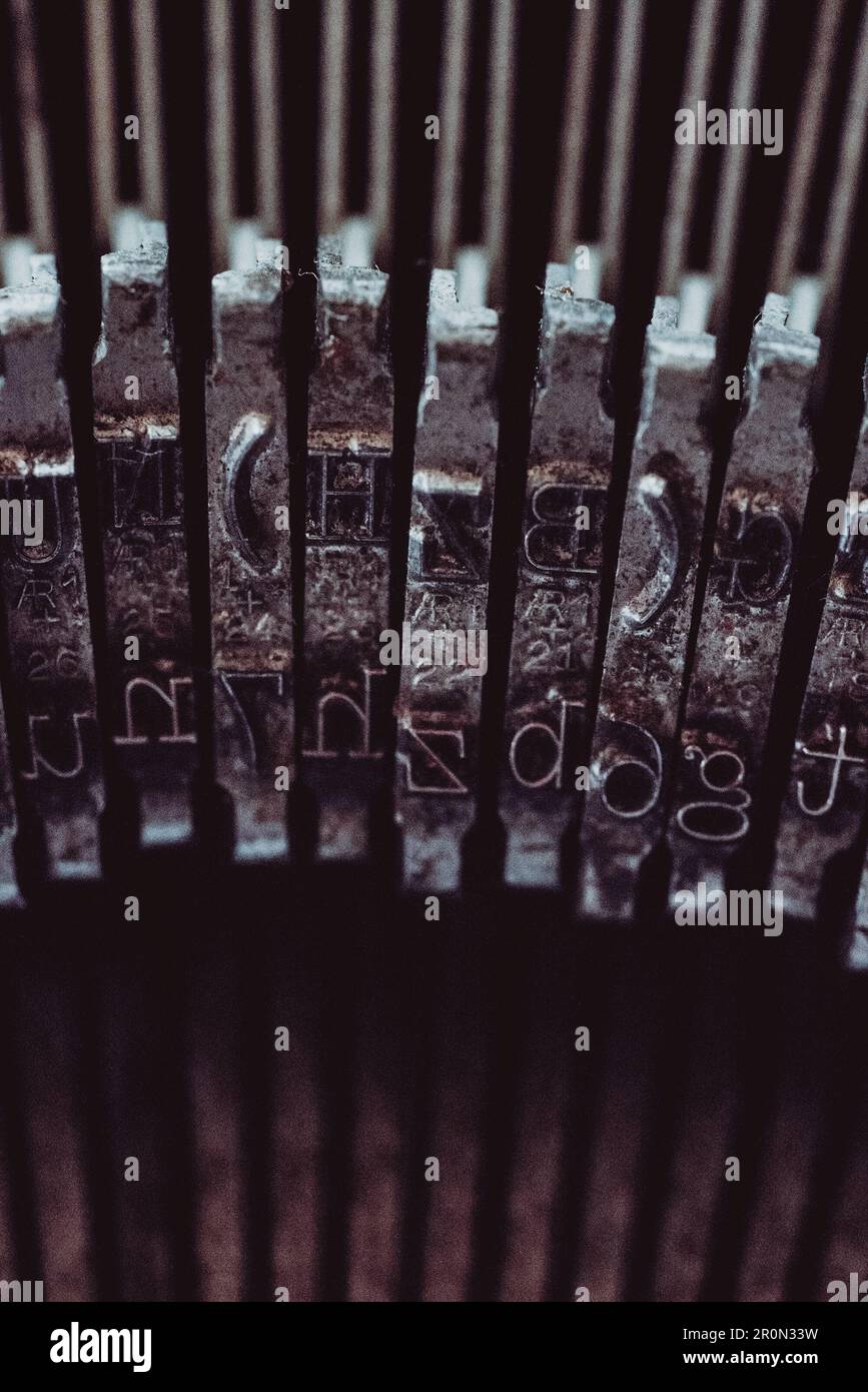 Closeup shot of types and mechanism of retro typewriter Stock Photo - Alamy