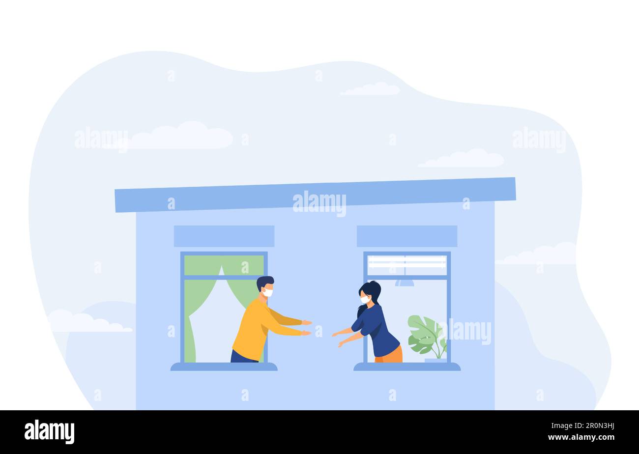 Couple in masks talking to each other from windows Stock Vector Image ...