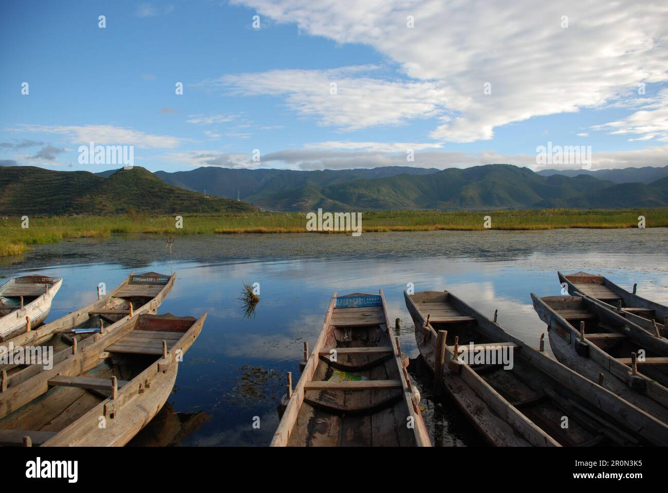 The traditional wooden boats lined up in a row at an old wooden boat ...