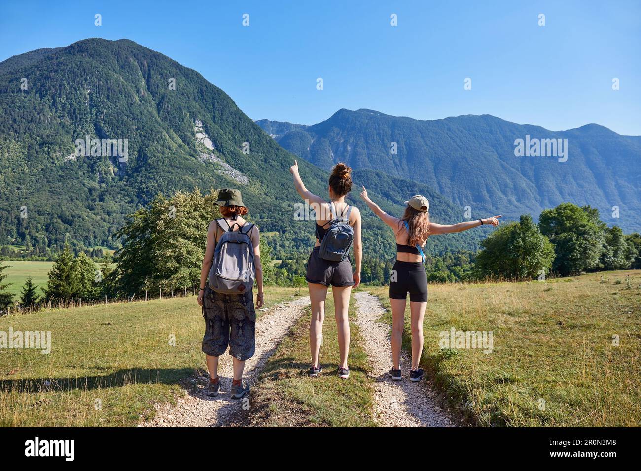 Girls hiking in the Alps, summer mountain landscape Stock Photo - Alamy