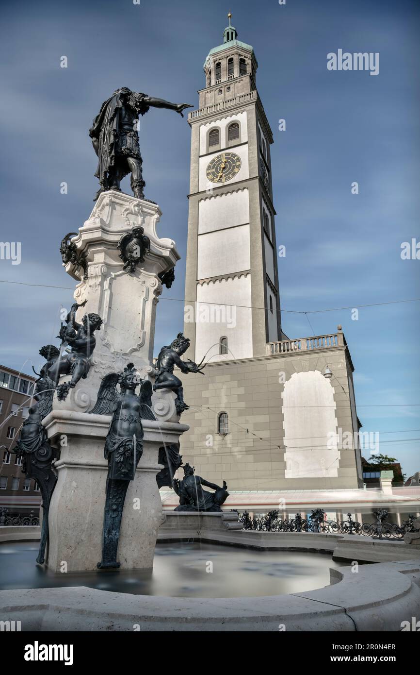 Augustus fountain at the town hall square with view of city founder Augustus and the Perlachturm ...