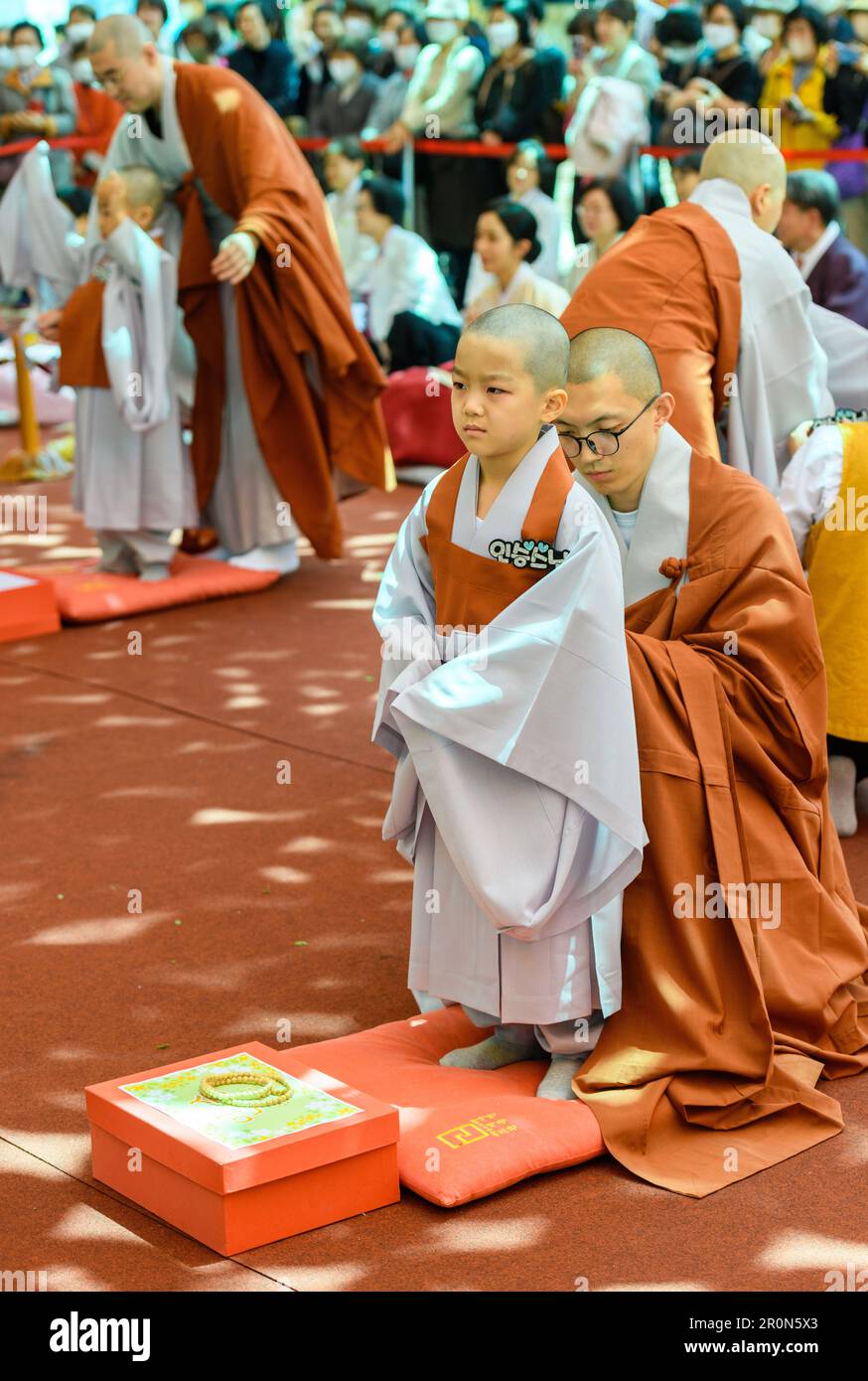 A South Korean child monk wears a monk's robe during an event to ...