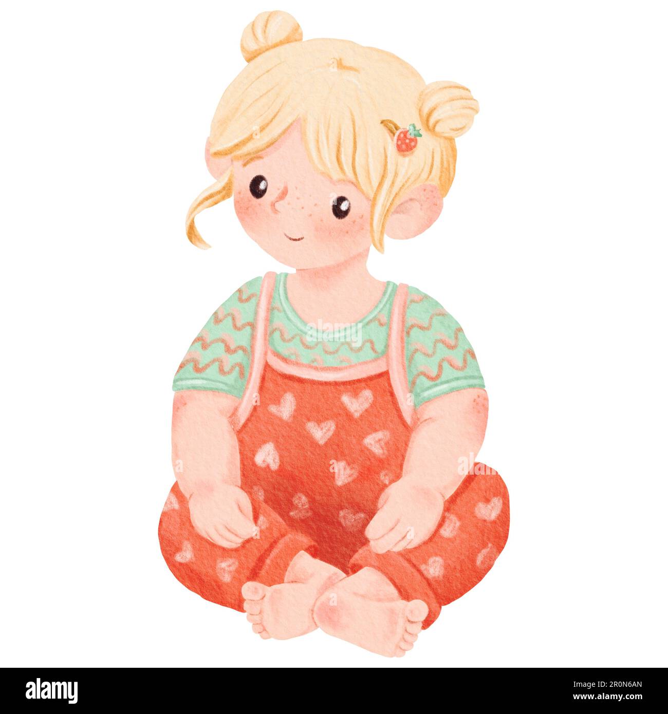 A little blonde girl in a baby jumpsuit is sitting on the floor ...