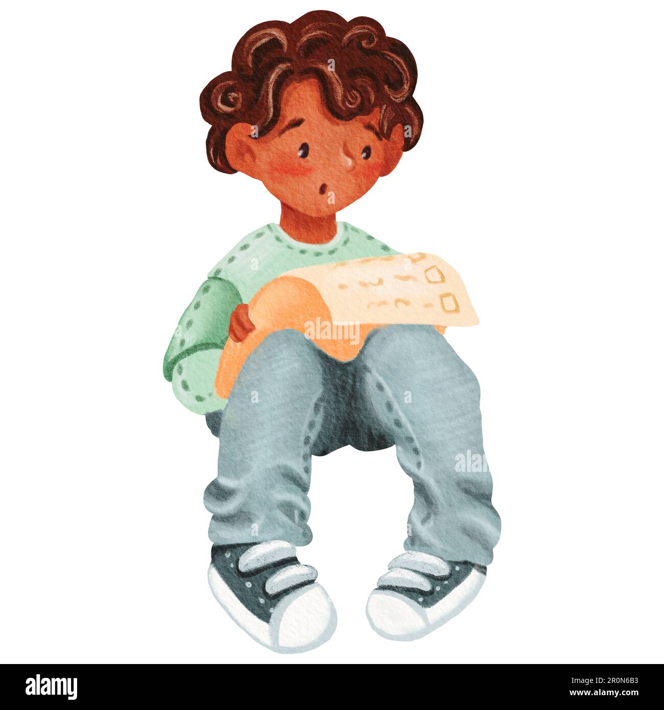 A dark-skinned boy, surprised, looks worriedly at the todolist ...