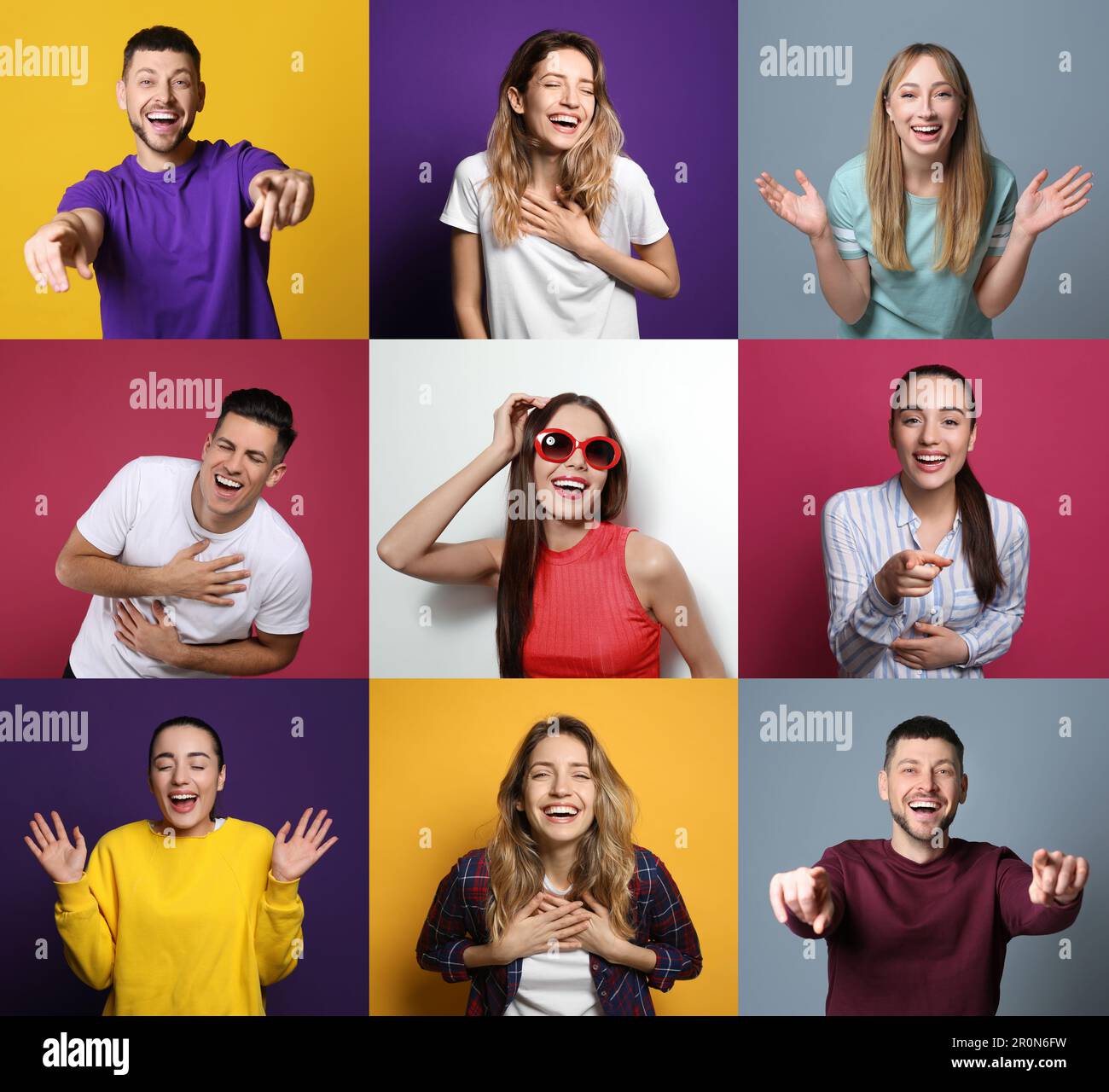Collage with photos of people laughing on different color backgrounds ...