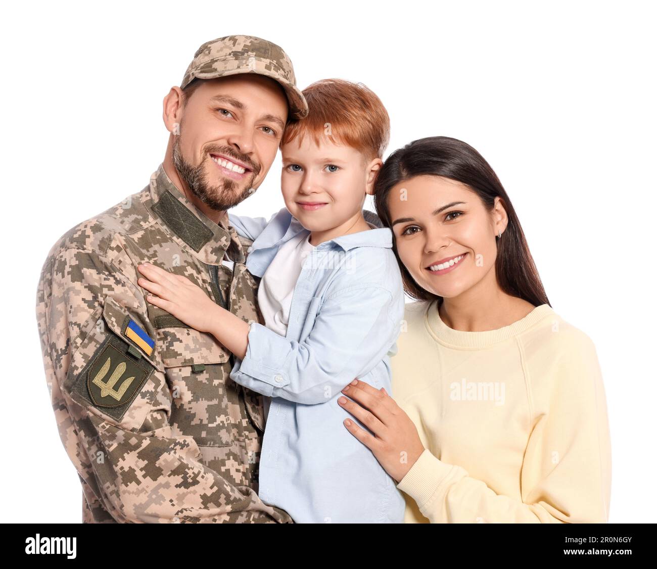 Ukrainian defender in military uniform and his family on white ...