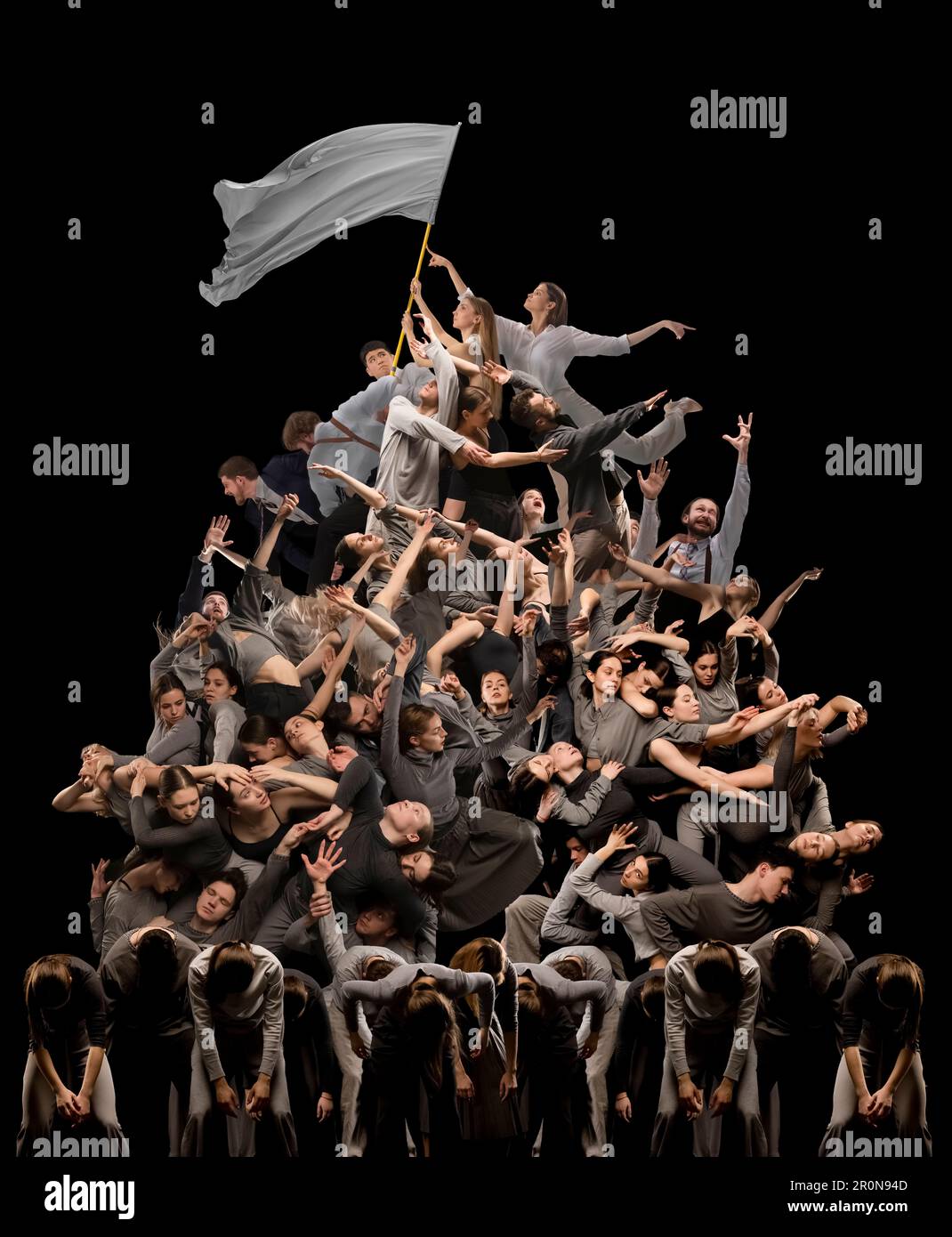 Different young people, men and women standing together in giant crowd ...