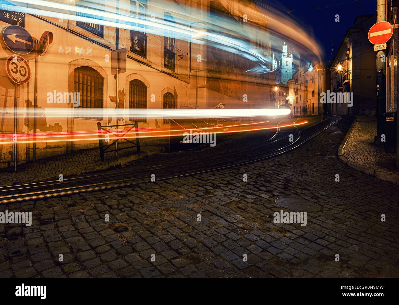 Light trail of the traditional Remodelado in Lisbon, Portugal Stock ...