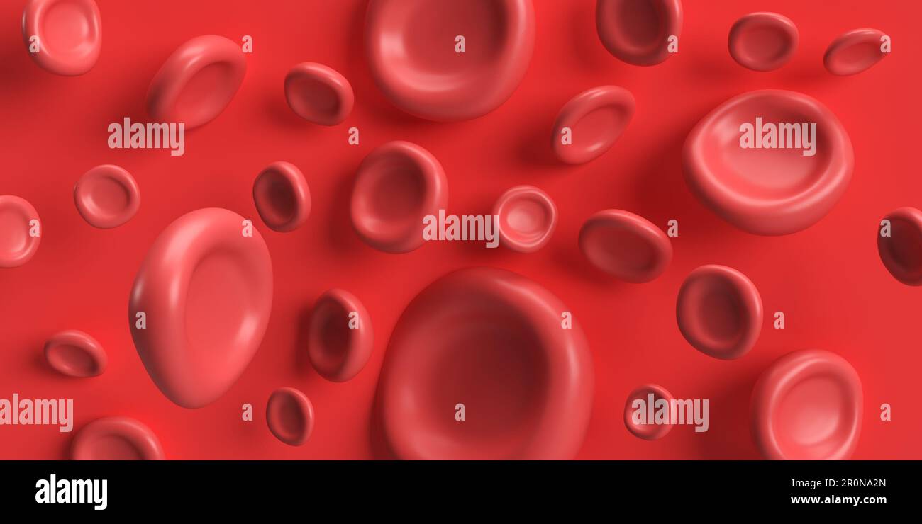 3d flow red blood cells iron platelets on red background. Realistic ...