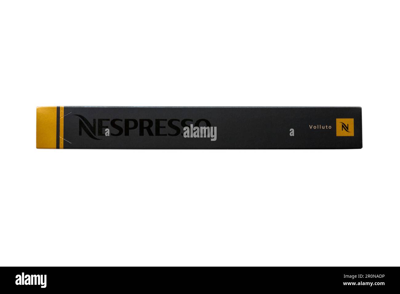 Box of Nespresso Volluto coffee capsules isolated on white background ...