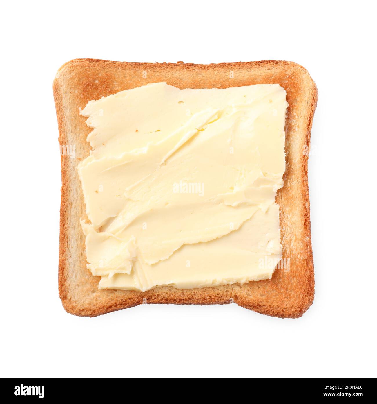 Delicious crispy toast with butter isolated on white, top view Stock ...