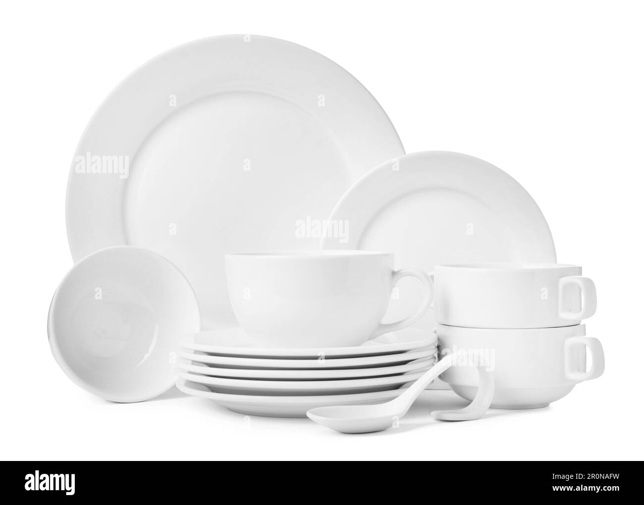 Set of clean dishware isolated on white Stock Photo - Alamy