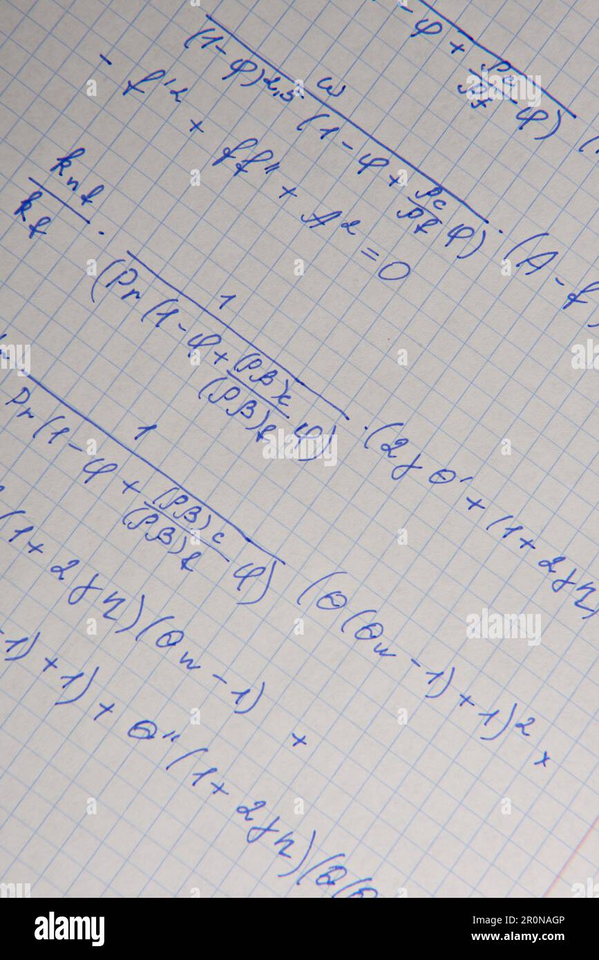Paper with written mathematical calculations as background, closeup ...