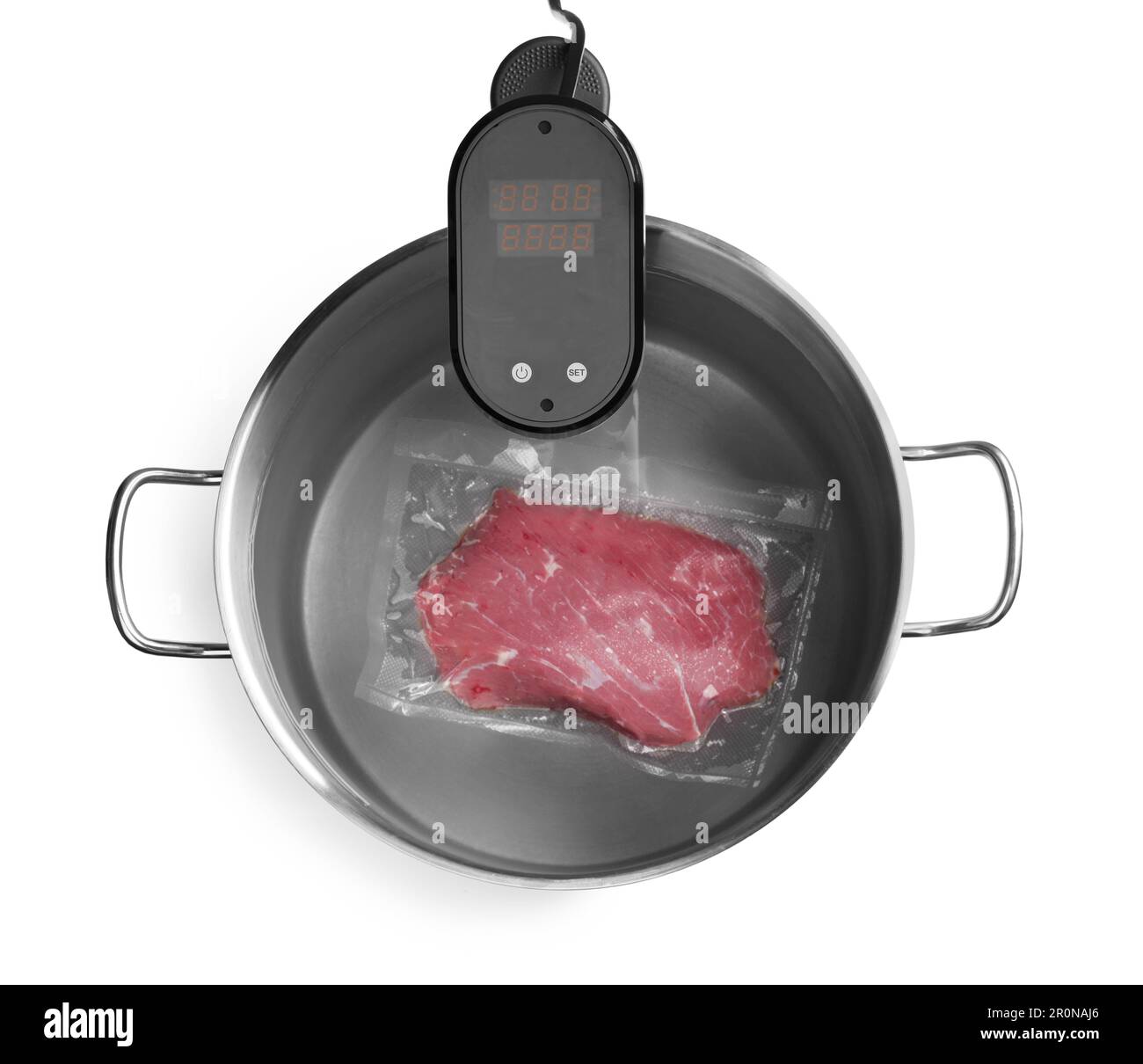 Thermal immersion circulator and meat in pot on white background, top ...