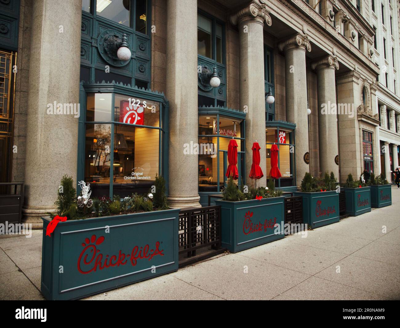 A Chick fil a shop during Christmas in Chicago, Michigan Stock Photo ...